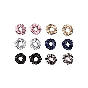 Slip Silk Pure Silk Minnie Scrunchies - Classic - 100% Pure 22 Momme Mulberry Silk Scrunchies for Women - Hair-Friendly Scrunchies Set in Pink, Caramel, Silver, Navy, Leopard & Black (12 Scrunchies)