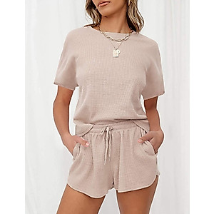 MEROKEETY Women's Short Sleeve Waffle Pajama Sets Lounge Top and Shorts 2 Piece Tracksuit Outfits, ShortBeige, S