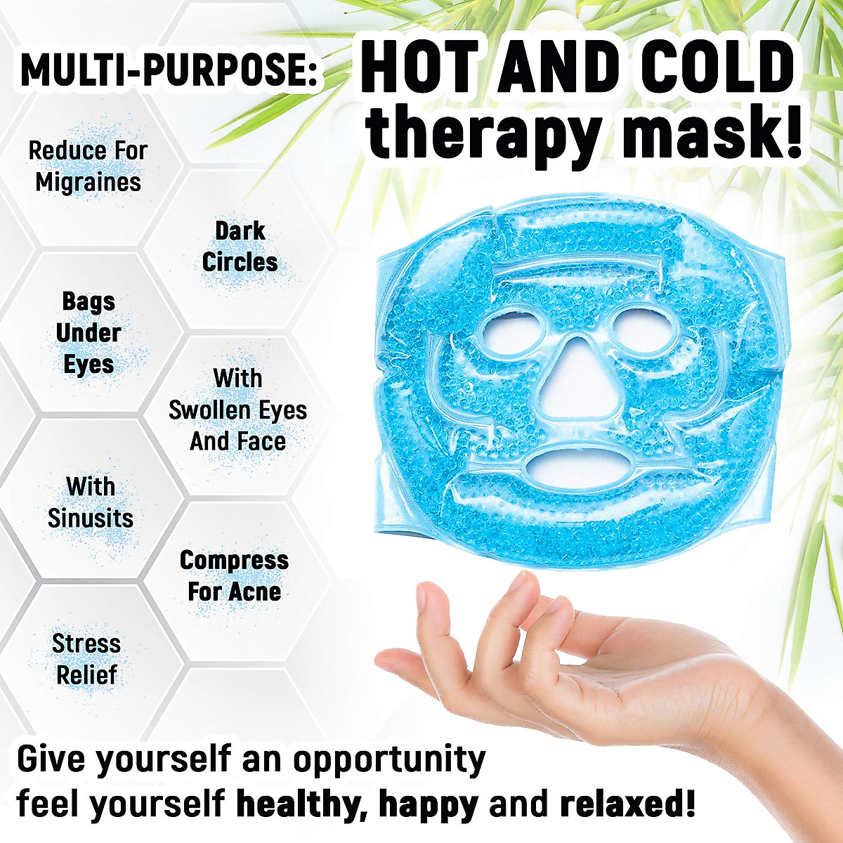 Sofida Cold Hot Gel Face Eye Mask - Reduce Puffy Dark Circles Bags Under Eyes Migraines Stress Relief - Heat Ice Therapy Pack Compress - Sinus Pressure Acne Headaches Relaxation (Blue)