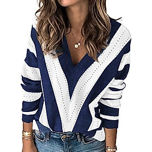 EVALESS Womens Fall Sweaters Winter Long Sleeve Sexy Deep V Neck Hand Knit Striped Sweater Tops Fahion 2024 Loose Pullover Color Block Sweaters for Teen Girls Blue Medium