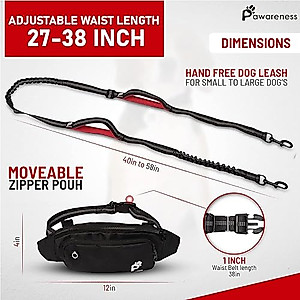 Hands Free Dog Leash for Medium and Large Dogs with Large Zipper Pouch - Adjustable Length 3mm Thick Double Bungee Leash, 2 Padded Handles Heavy Duty Leash (Red, 27-38 inches Waist)