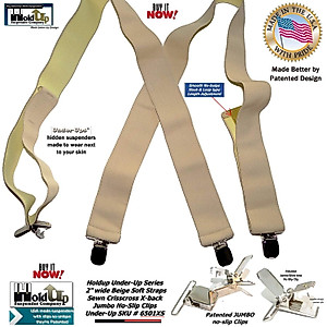 Holdup Traditional Style Tan 2" Under-Ups Suspenders for Men with USA Patented Metal "No-Slip" clips