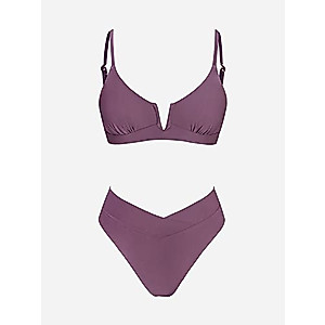 CUPSHE Bikini Set for Women Two Piece Swimsuits V-Wire Bralette High Waisted High Cut Cheeky Bottom S, Purple