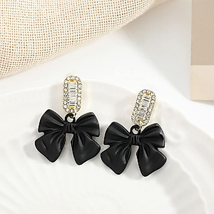 Channel V Black Bow Earrings for Women Rhinestone Black Red Vintage Earrings Luxury Sparkle Statement Square Crystal Jewelry Ribbon Bowknot Party Earrings(Black)