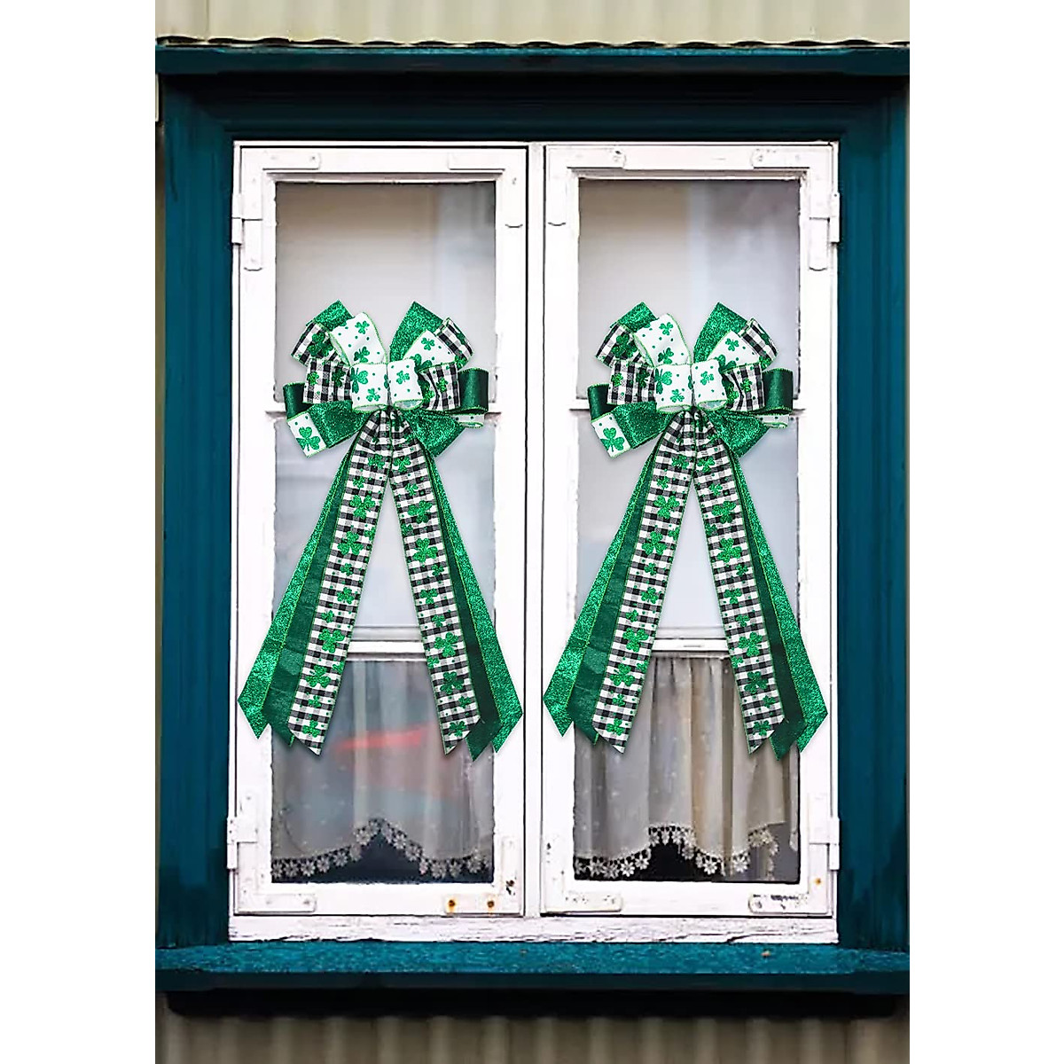 Hying Large St. Patrick's Day Bows for Wreath, Black White Buffalo Plaid Bow Green Shamrock Wreath Bows Holiday Burlap Bow Tree Topper Bows for Front Door Saint Patrick's Day Decorations Supplies