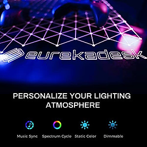 EUREKA ERGONOMIC Music Sensing RGB LED Lights Glass Gaming Desk, 60 Inch L Shaped Reversible Top, Home Office Corner Computer Studio Table Gifts GTG L60 w Cup Headset Socket Holder, Smart APP Control