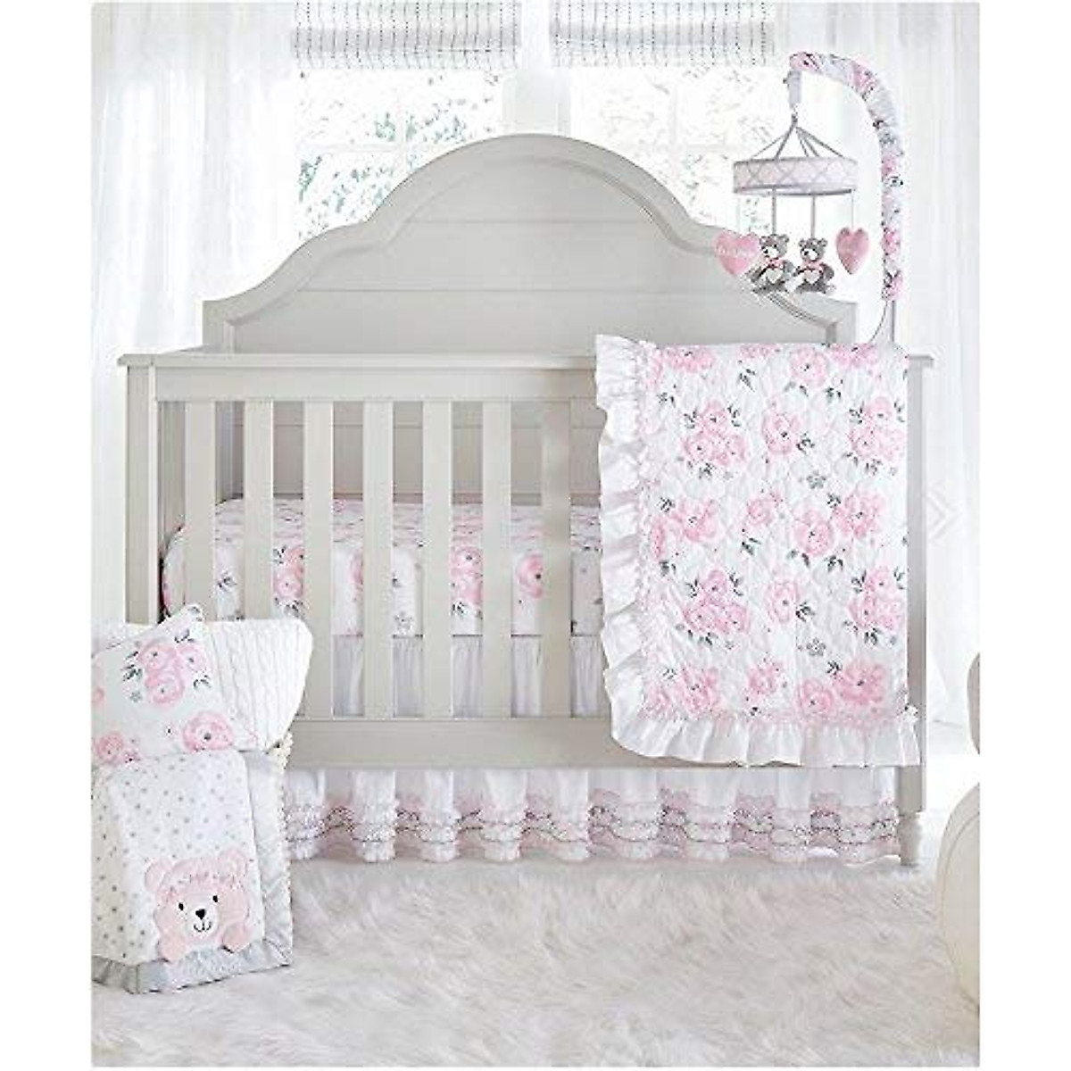 Wendy Bellissimo Velboa Contoured Diaper Pad Cover for Diaper Changer from The Savannah Collection (32x16x6) - Floral Print in White, Pink & Grey