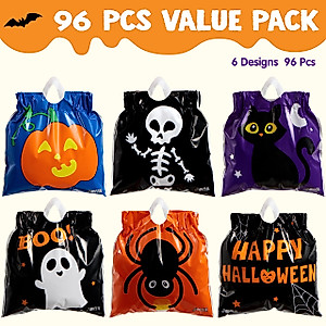JOYIN 96 Pcs Halloween Drawstring Candy Bags, Small Trick or Treat Bags Bulk, Plastic Goodie Bags for Trick or Treating, Gift Bags for Kids Boys Girls Halloween Party Favors Supplies