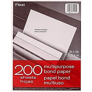 Mead Multipurpose Paper, 8-1/2" x 11", Letter Size, Bond, White, 200 Sheets/Pack (39200)