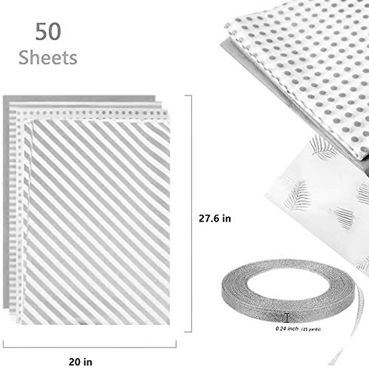 20 x 27.6 inches Silver Tissue Paper, 50 Sheets Large Tissue Paper for Gift Wrapping, White Metallic Silver Printed Tissue Paper for Gift Bags Wrapping Paper for Birthday Party, Arts Crafts, Weddings