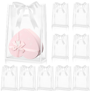 Aliceset 12 Pcs Clear Plastic Gift Bag with Die Cut Handles Reusable PP Favor Bag with Ribbon for Wedding Bridal Christmas Birthday Party Baby Shower Shopping Business, 7x10x3.15 Inch(White)