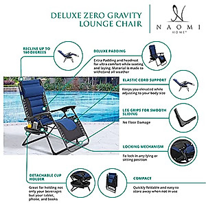 Naomi Home Oversized Zero Gravity Folding Lounge Chair, Padded Reclining Patio Chair with Adjustable Headrest and Cupholders, Recliner Beach Chairs for Adults Support 300lbs - Cream