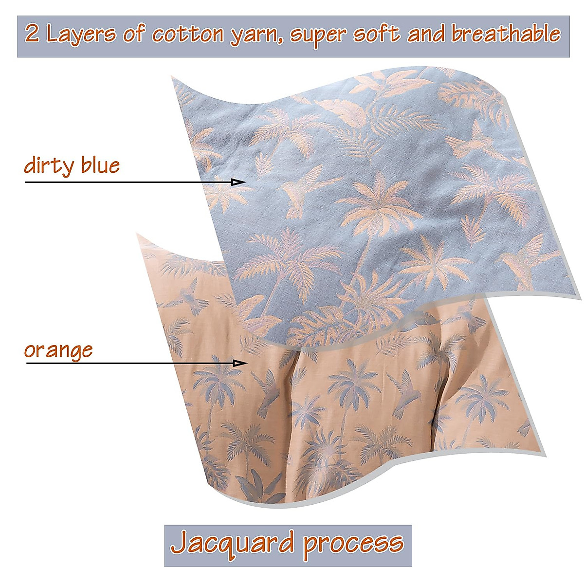 FADFAY Muslin Duvet Cover King Size, Dirty Blue Orange 100% Washed Cotton Double -Layer Tropical Bird Duvet Cover Set, Linen Like Gauze Comforter Cover Set with Zipper Closure & Corner Ties, 3Pcs