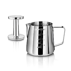 New Star Foodservice 28829 Commercial Grade Stainless Steel 18/8 12 oz Frothing Pitcher and Die Cast Aluminum Tamper Combo Set, Silver