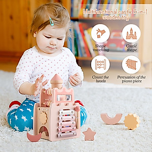 Youuys Wooden Activity Cube 9-in-1 Montessori Toys for 3+ Year Old Boys & Girls, Multipurpose Educational Sensory Learning Toys for Baby Toddlers with Mirror, First Birthday Gift (Castle)
