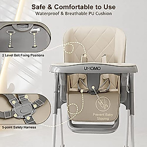 UMOMO U-20 Baby High Chair for Babies & Toddlers, Height Adjustable, High Chair w/Recline & Footrest, Removable Dishwasher Safe Meal Tray, Portable Baby Dinning Chair, Beige