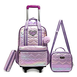 ZBAOGTW Rolling Backpack for Girls School Backpack with Wheels Kids Roller Backpack with Lunch Bag for Elementary School