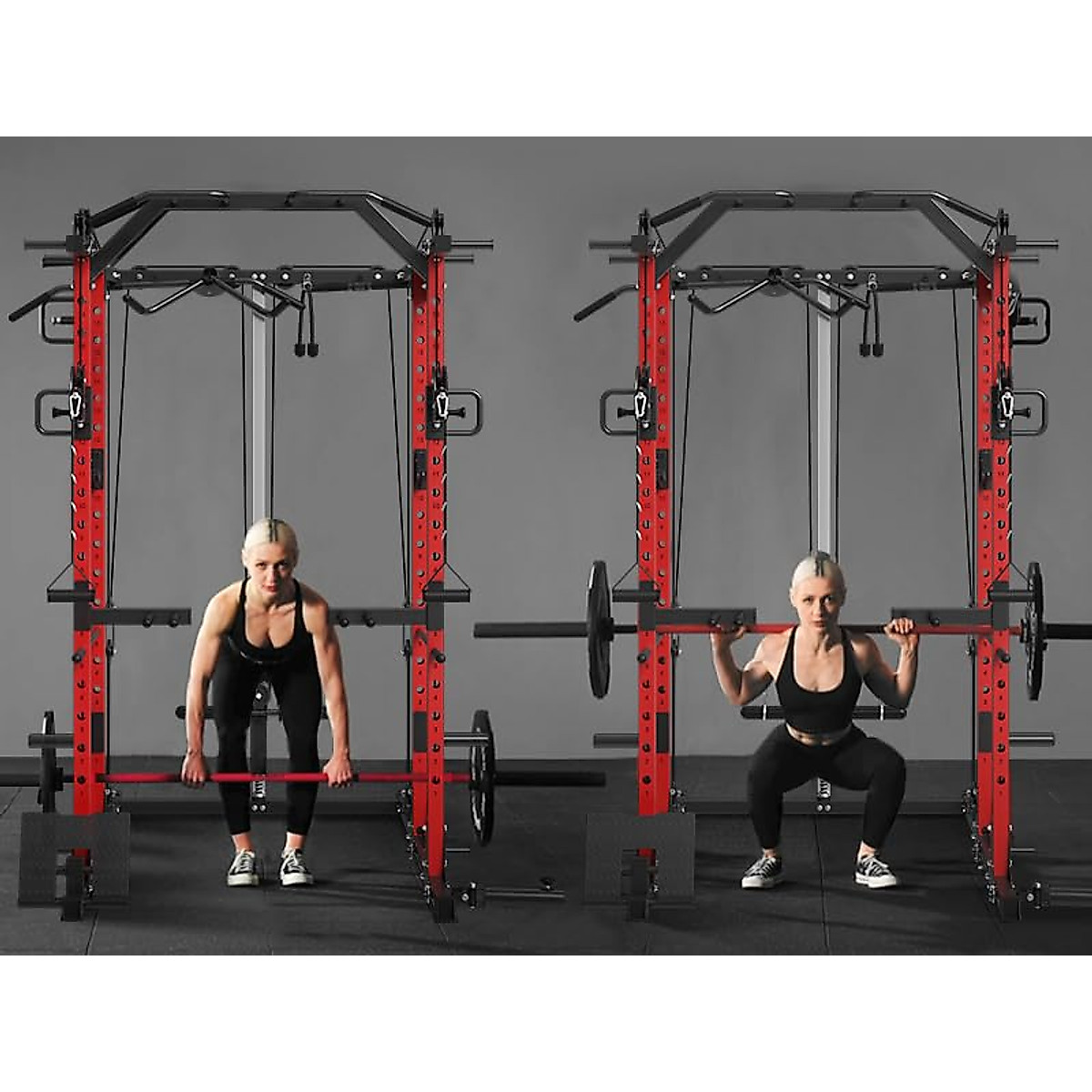 Mikolo Power Cage Power Rack with Cable Crossover System, 1500LBS Squat Rack,with LAT Pull Down System, Home Gym Packages with Weight Bench, Olympic Barbell Weight Set-Red