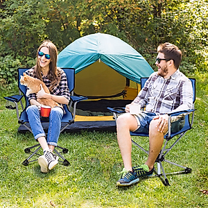 Goplus Swivel Camping Chair, Potable Lawn Chair for Adults w/Cup Holder & Carrying Bag, Folding 360-degree Free Rotation Chair for Fishing Picnic Hiking Hunting Outdoor (Blue)