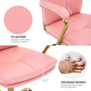 MFD LIVING Home Office Chair, Modern Upholstered Mid-Back PU Leather Task Desk Chair with Arms, Adjustable Rocking Swivel Computer Chair with Wheels (Pink)