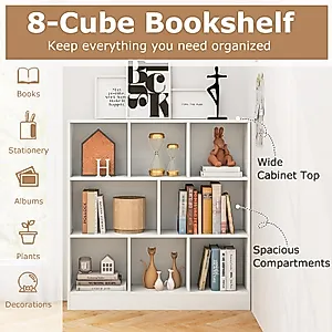 Tangkula 8-Cube Bookshelf, 39.5”L Floor Bookcase with 2 Anti-Tipping Kits, Freestanding Storage Organizer, 4-Tier Display Shelf for Home, Office & Dorms, Natural/White (White, 8-Cube)