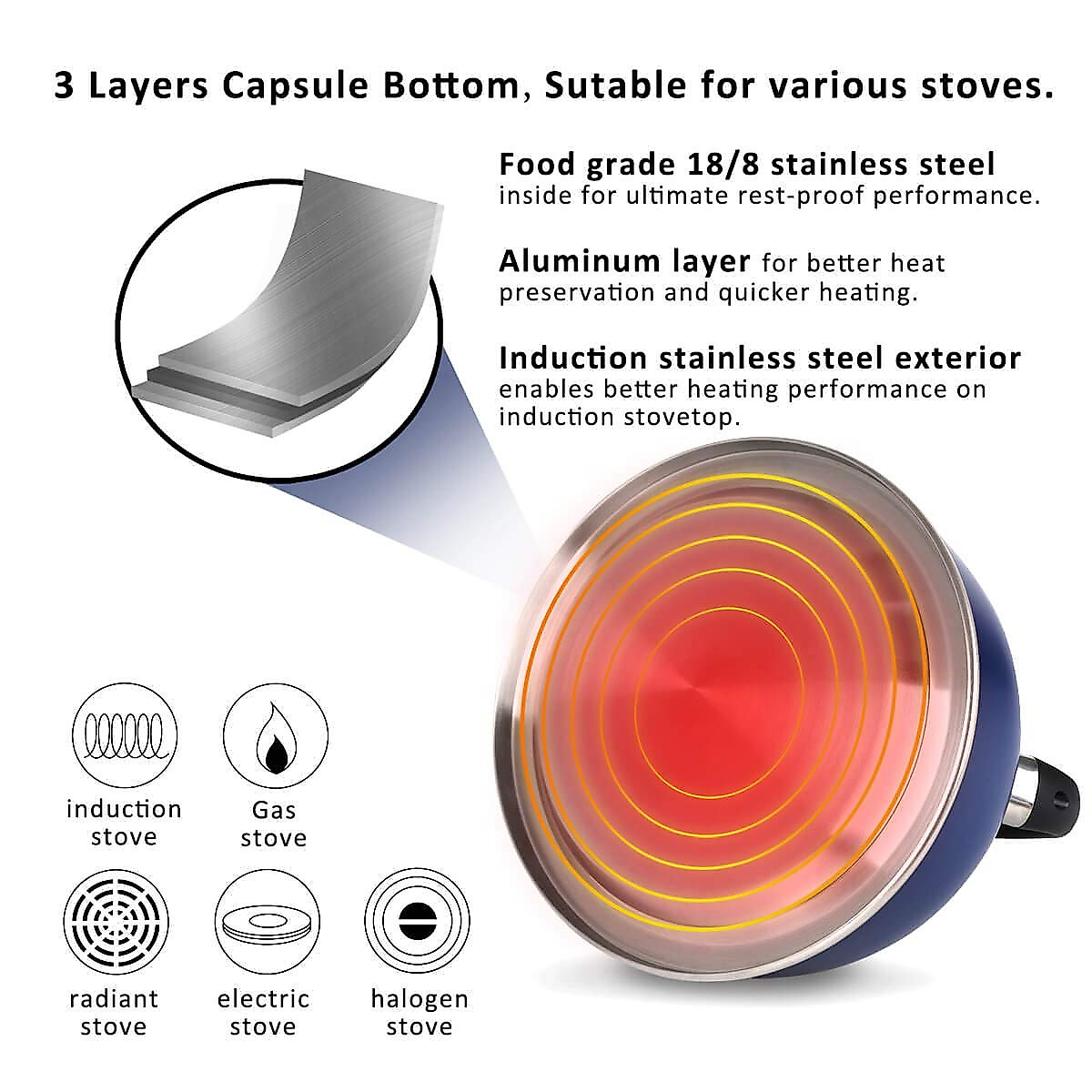 Rorence Stainless Steel Whistling kettle: 2.6 Quart with Capsule Bottom & Heat-resistant Glass Lid – Navy Blue