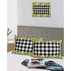 Edwiinsa Summer Lemon Pillow Covers Standard Size Set of 2 20x26 Bed Pillow, Yellow Fruit Spring Floral Black Plaid Plush Soft Comfort for Hair/Skin Cooling Pillowcases with Envelop Closure