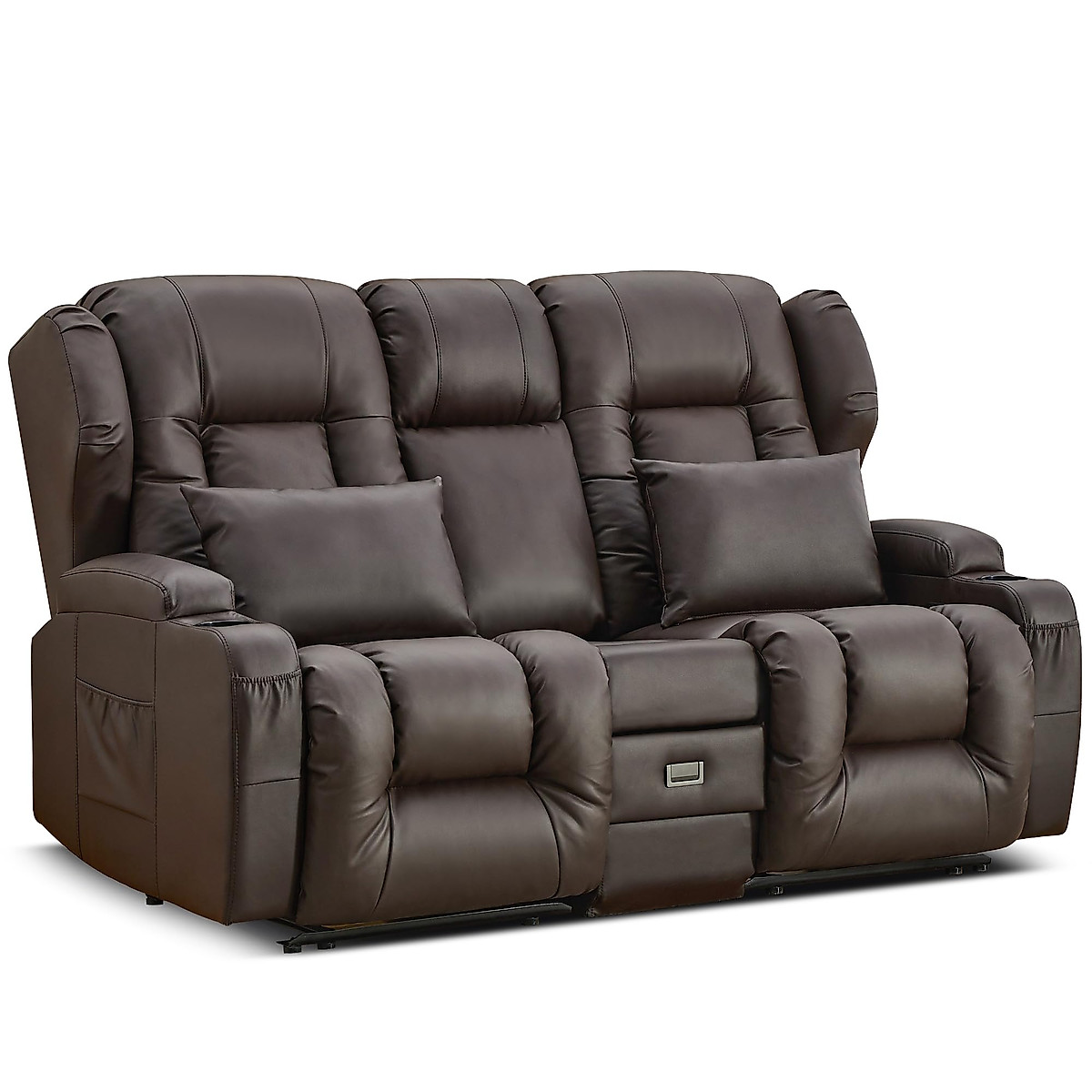 URRED Loveseat Recliner Sofa for Living Room, 67" RV Loveseat Sofa Home Theater Seating with Flipped Backrest Console, Wall Hugger, Hide Storage, Cup Holders (Faux Leather, Brown)