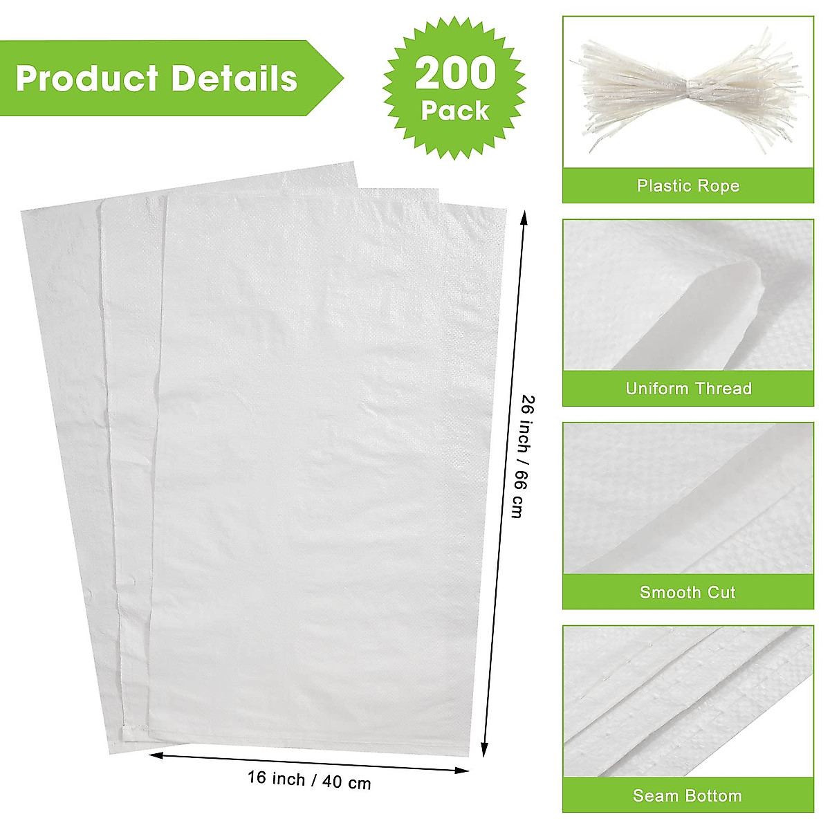 200 Pcs Empty Sandbags Heavy Duty Sand Bags with Ties Woven Polypropylene Sand Bags Bulk Sand Bag for Flooding 16 x 26 Inches Sandbag Flood Protection for Emergency Hurricane Season Supplies (White)