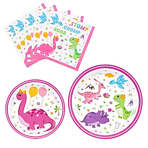 WERNNSAI Disposable Dinosaur Plates and Napkins - 48PCS Dino Party Supplies for Girls Luncheon Dinner Dessert Cake Plates Baby Shower Birthday Party Tableware Kit Serves 16 Guests