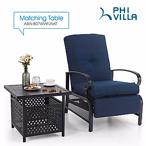 PHI VILLA Adjustable Patio Recliner Chair Metal Outdoor Lounge Chair with Removable Cushions Support 300lbs, Navy