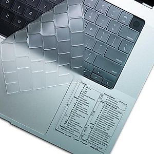 Afterplug Ultra-Thin Keyboard Cover (US ANSI) + Mac OS Shortcuts Sticker for M2 M3 MacBook Air 13" & 15" and M1–M4 MacBook Pro 14" & 16" – Clear Cover; Clear Sticker for Light-Colored MacBooks