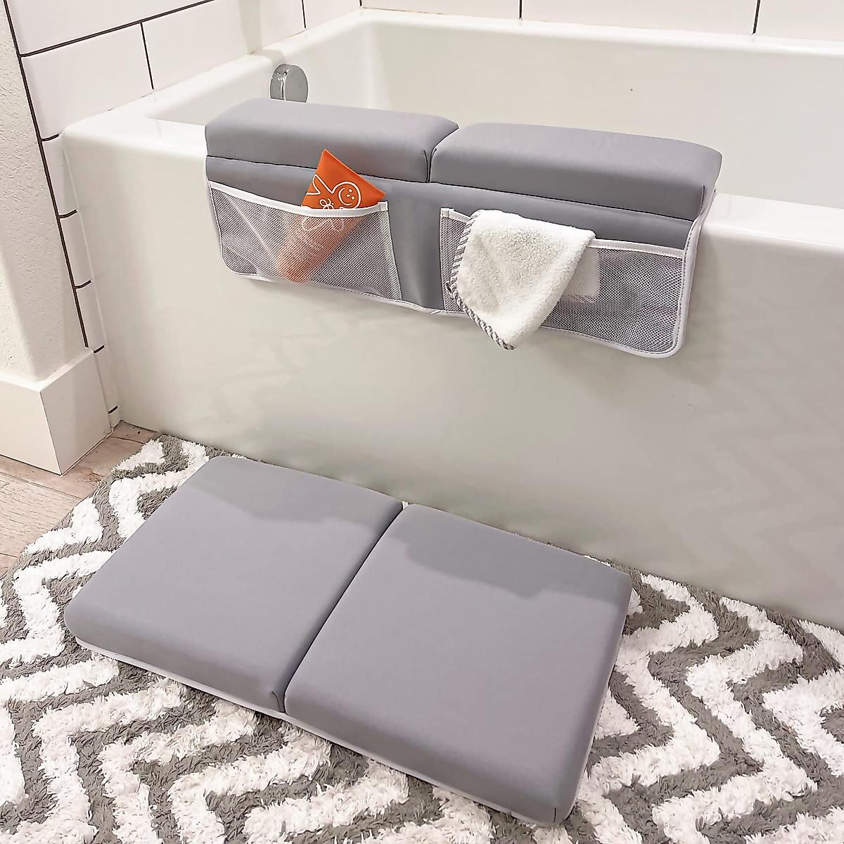 JJGoo Bath Kneeler with Elbow Rest Pad Set, 1.5 inch Kneeling Pad Mat for Bathtub - Gray