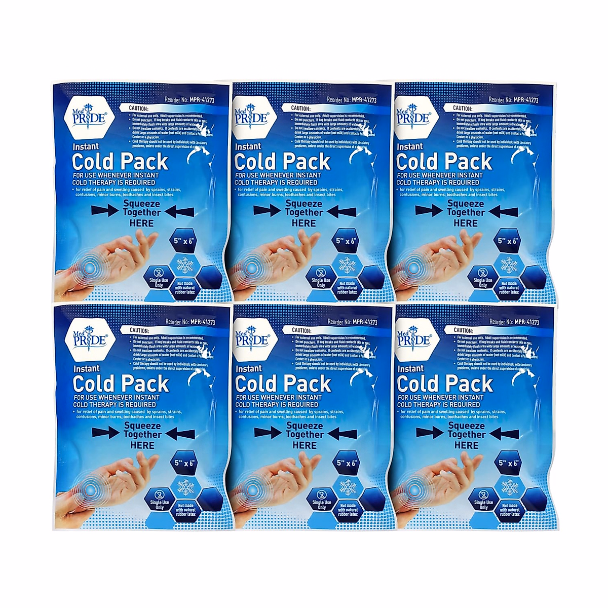 MED PRIDE Emergency Ice Packs 6-Pack, First Aid Instant Cold Pack for Pain Relief, Disposable 5''x 6'' Ice Pack for First Aid Kit, No Freezer Needed