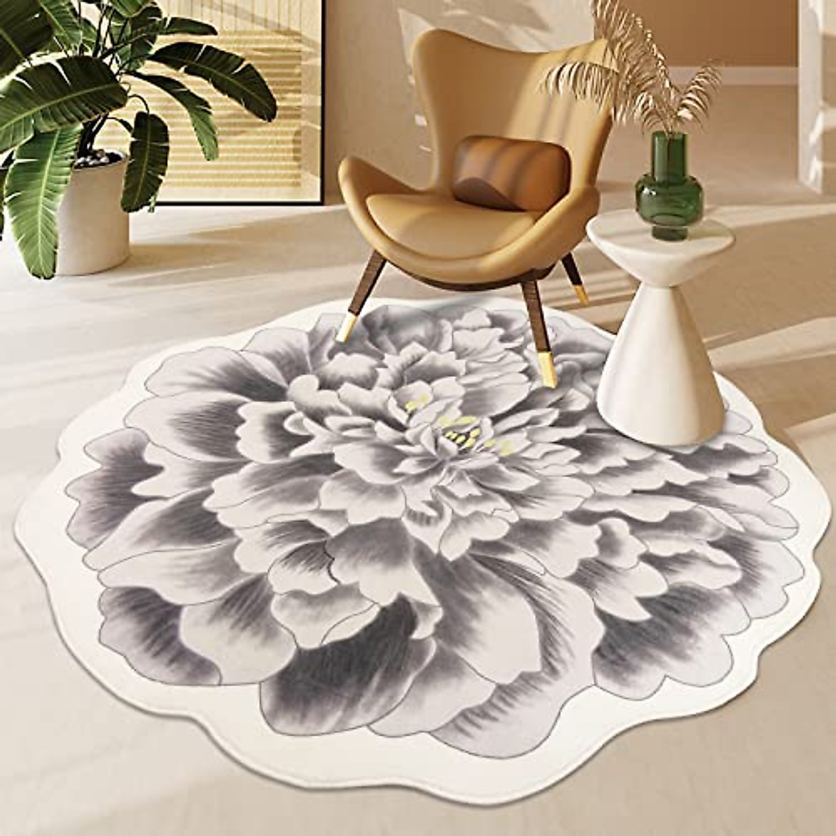 Lacomfy Modern Rug 4Ft Flower Rug Circle Bathroom Rug Floral Bedroom Carpet Round Rural Accent Rug Soft Peony Flower Farmhouse Floor Mat Laundry Mat for Indoor Home Decor Nonskid Washable Rug, Grey