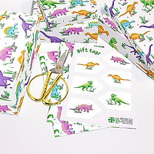 CENTRAL 23 Dinosaur Wrapping Paper Birthday Boy Girl - 6 White Gift Wrap - Cute Wrapping Paper For Kids - Pink Purple Orange Dinosaurs - Comes With Fun Stickers