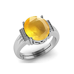 LMDPRAJAPATIS 7.25 Ratti Natural AA+ Quality Stone Yellow Sapphire Silver Plated Statement Ring For Women's