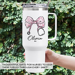 Andaz Press Personalized 40oz Tumbler with Handle, Lid and Straw, Coquette Bow Custom Name 40 oz Tumbler Travel Mug, Nurse Appreciation Gifts Custom Mug with Name Nurse Gifts for Women Nursing Student