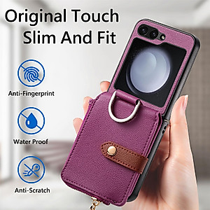 Asuwish Compatible with Samsung Galaxy Z Flip 5 5G 2023 Wallet Case and Card Slot Holder Ring Magnetic Clasp Cell Accessories Protective Zipper Phone Cover for ZFlip5 Z5 Flip5 5Z Flip5case Purple