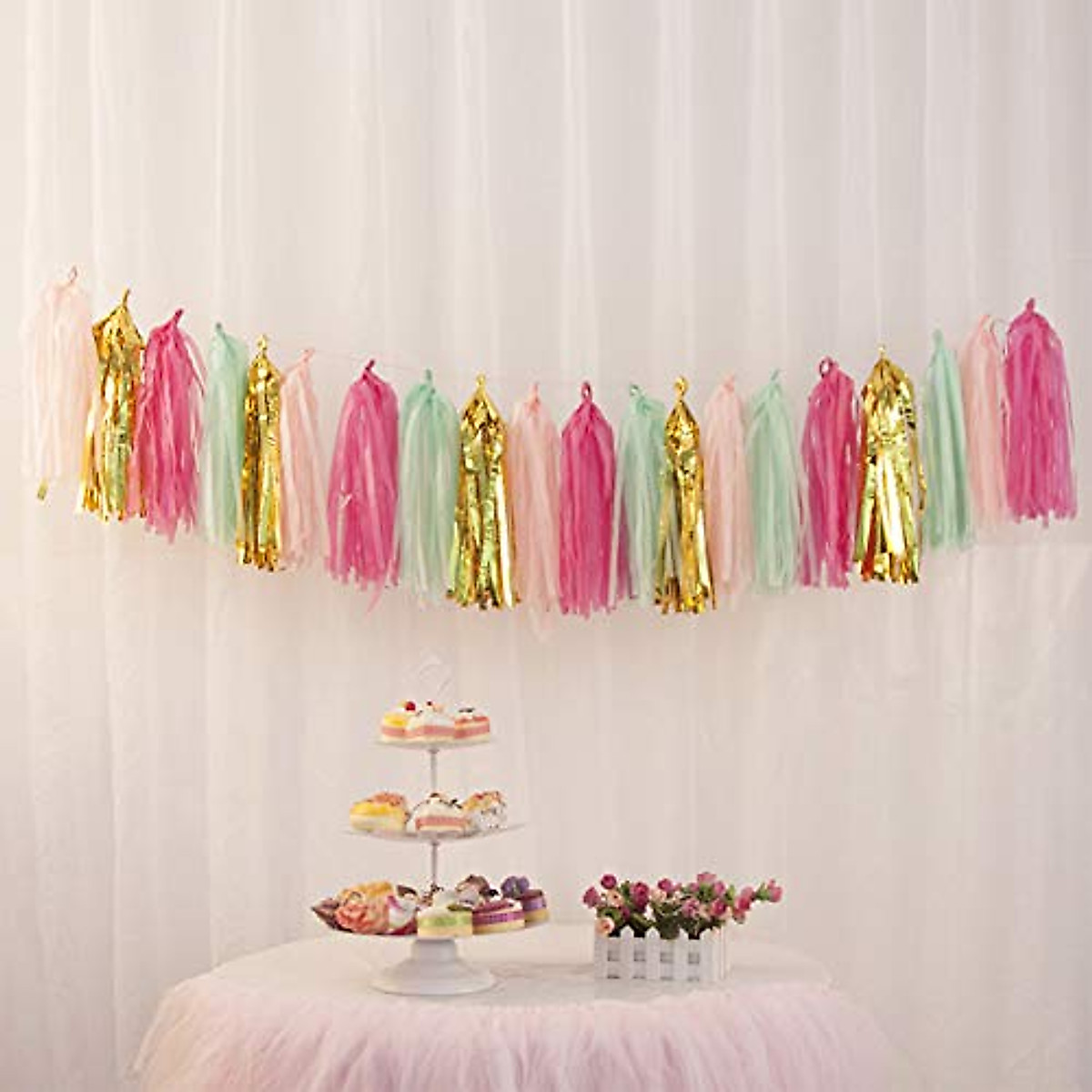 20pcs Tassel Garland Party Decor，Tassel Banner Tissue Paper DIY Decorations for Wedding Baby Shower Birthday Event Party Garland Decor (Gold Mint Rose Red Pink)
