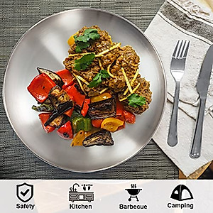 Sumerflos 304 (18/8) Stainless Steel Dinner Plates, 10" Round Salad Plates, Serving Plate for Home Kichten, Outdoor Camping, Snack, Pizza and BBQ - Set of 4