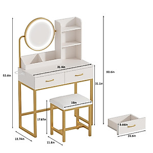 Fameill Makeup Vanity Desk with Lights and Round Mirror, White and Gold Vanity Makeup Table, Small Vanity Set Make Up Vanity with Lots Storage, 3 Lighting Modes, 31.5in(W)… (Modern)