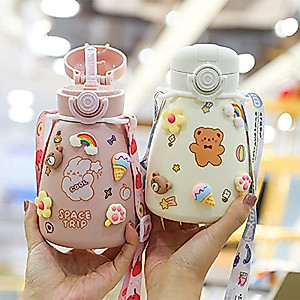 MOMEITU Kawaii Water Bottle Stainless Steel Water Bottle Cute 3D Sticker Insulated Water Bottle Cute Drug Water Bottle(500ML,white)