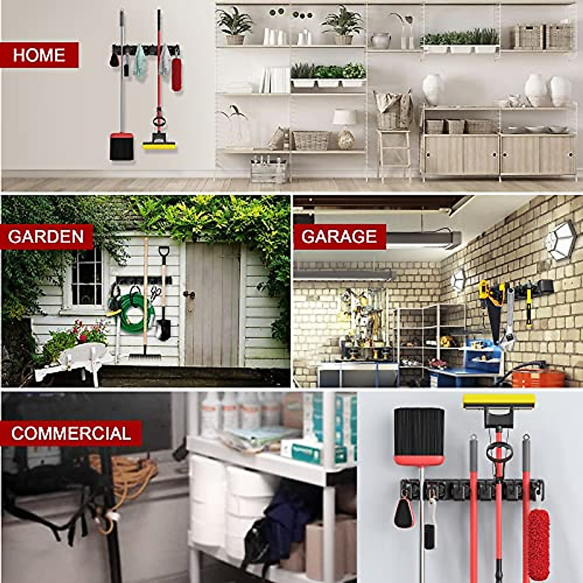 LETMY Mop and Broom Holder Wall Mount, Heavy Duty Broom Hanger Garden Tool Organizer Home Cleaning Supplies Organizations Storage Rack with 5 Position 6 Hooks for Home Kitchen Garden Laundry Room