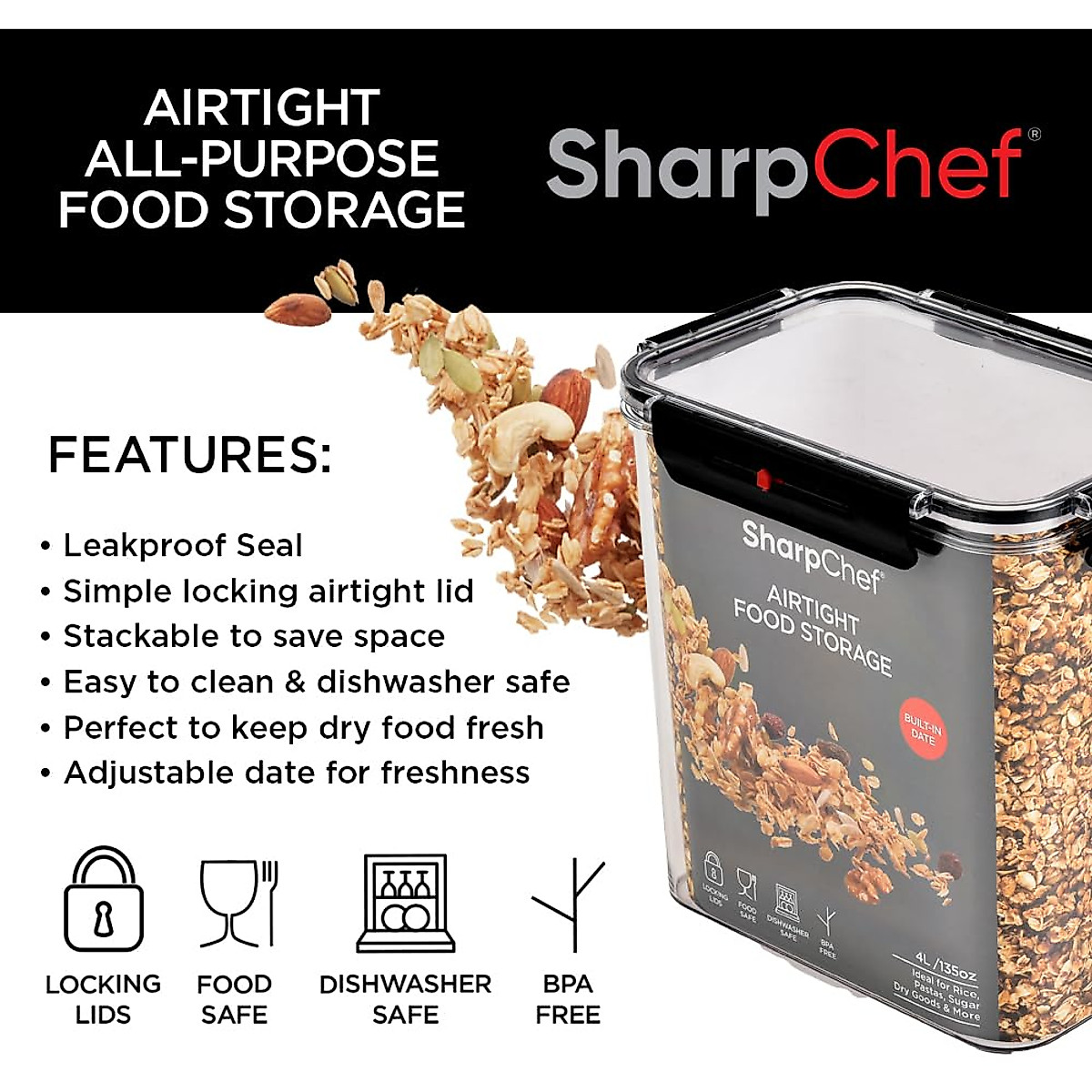 SharpChef Airtight Food Storage Container with Easy locking lids, Date Indicator, Leakproof, Kitchen Pantry Organization and Storage, Cereal, Flour & Sugar, Rice, Cookies, Candy, Pasta,BPA-Free (4L)