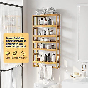 Furshus Bathroom Organizer Shelves 3 Tiers Floating Shelf with Hanging Bar Over The Toilet Storage Bathroom Wall Shelf-Adjustable Wall Bathroom Organizer (Natural)