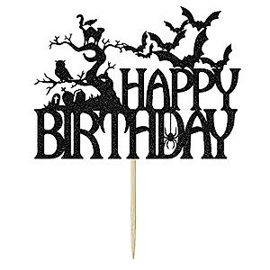 Ferastar Halloween Happy Birthday Cake Topper, Spooky Haunted House Black Glitter Cake Supplies, Creepy Birthday Themed Party Decor Black Glitter