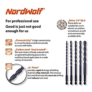 NordWolf 5-Piece Metric Carbide Tipped Multi-Purpose Drill Bit Set with 1/4" Hex Shank for Sheet Metal, Wood, Block, Brick, Tile & Plastic, Sizes 5.5-6.5-7-8-10mm