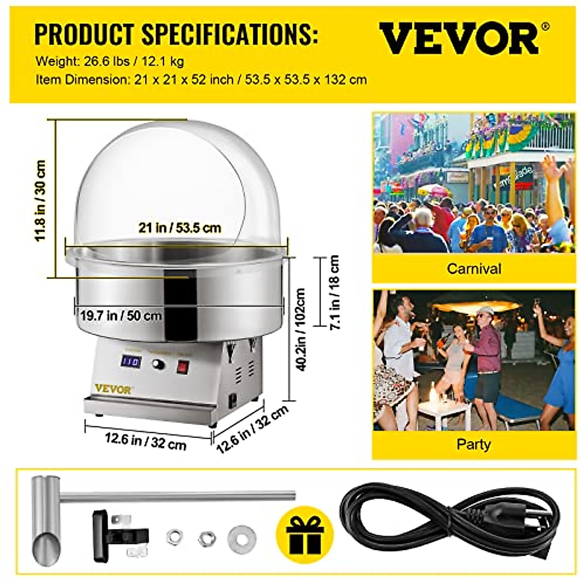 VEVOR Electric Cotton Candy Machine, 19.7-inch Stainless Steel Bowl, 1050W Candy Floss Maker with 338-482℉ Adjustable Temperature, Cover and Sugar Scoop Included, Perfect for Family Party, Silver