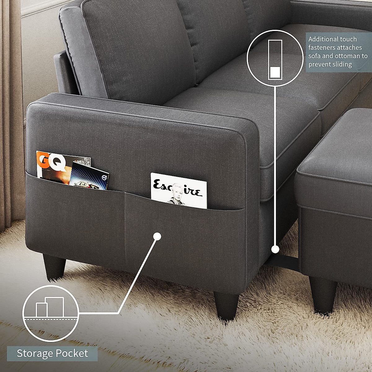 Lonkwa L-Shaped Couch Couches for Living Room, Convertible Sectional Sofa with Storage Ottoman, 3-Seat Grey Sectional Sofas for Living Room/Bedroom/Office/Small Space